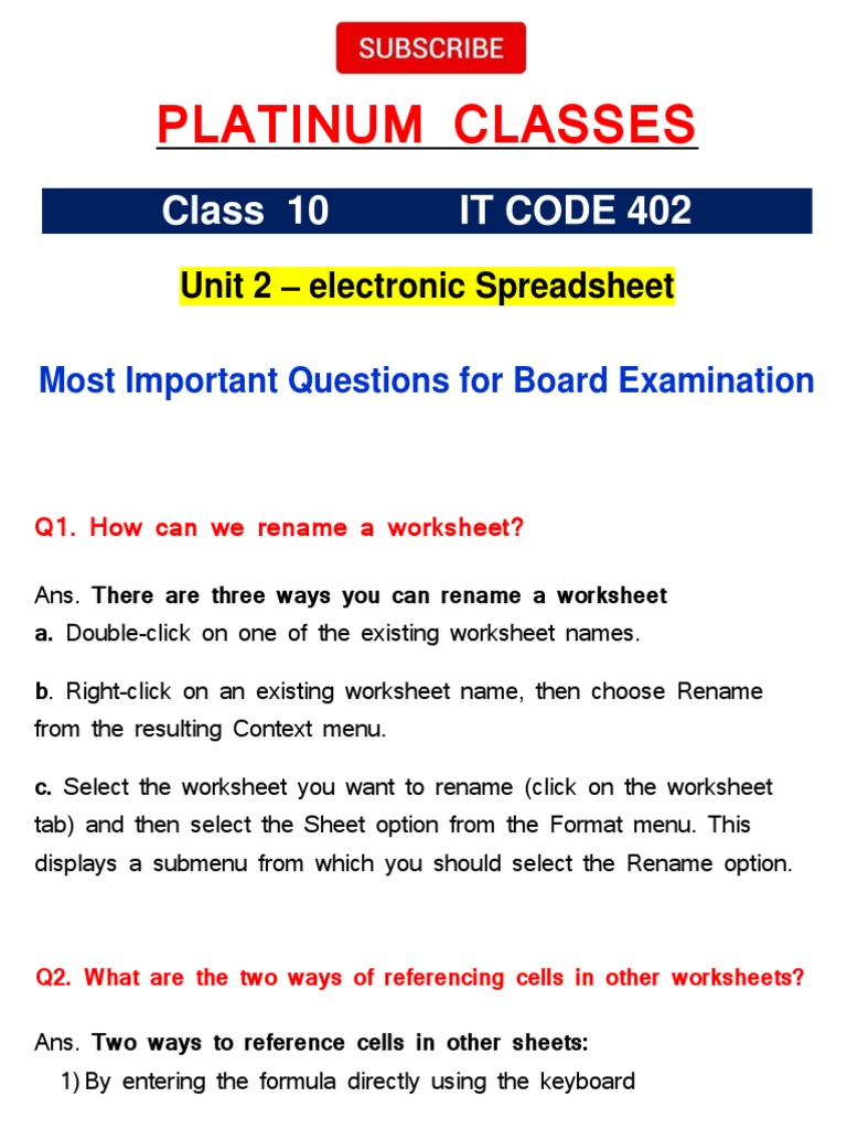 Unit 2 Spreadsheet Class 10 IT Code 402 Important Questions | PDF ...