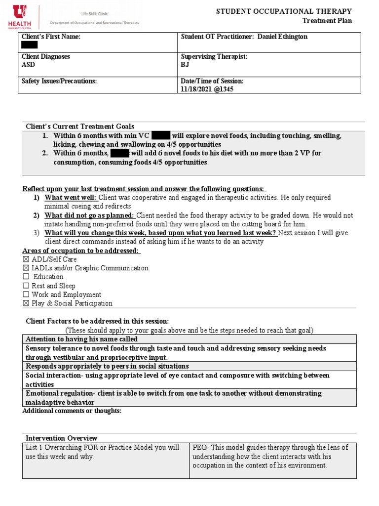 Occupational Therapy Plan for ASD Child | PDF | Psychotherapy | Sensory ...
