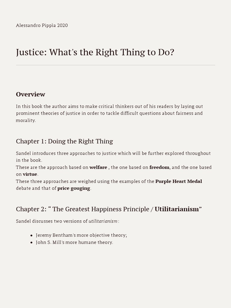SUMMARY - Michael J. Sandel Justice - What's The Right Thing To Do | PDF | Utilitarianism ...