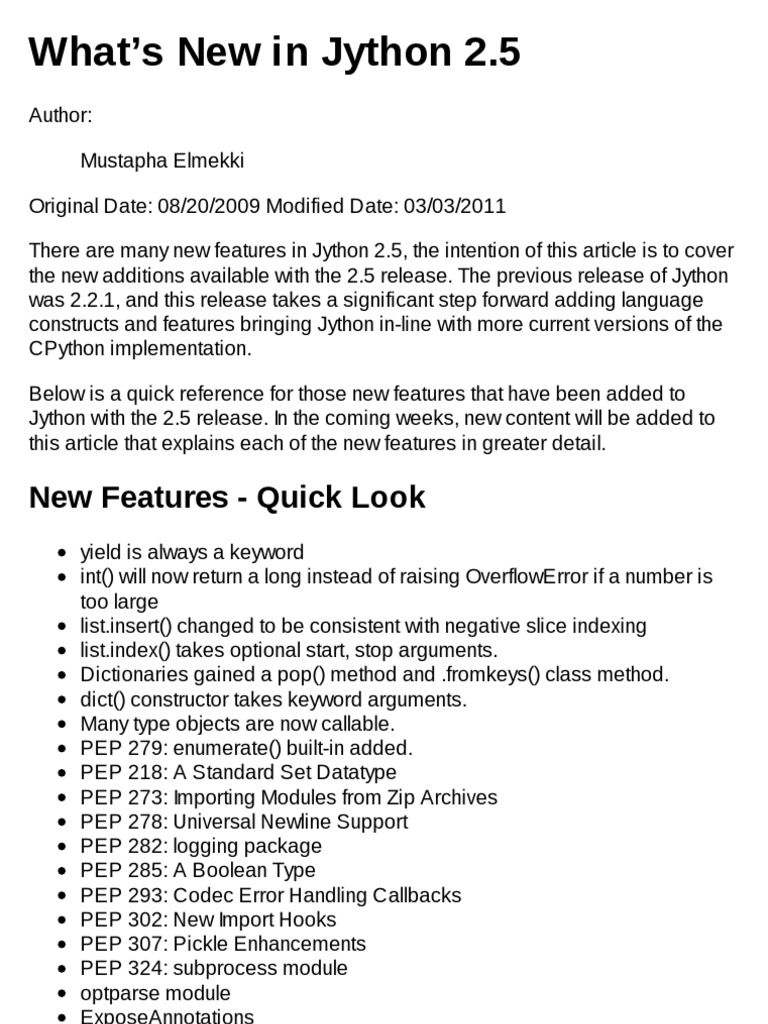 What's New in Jython 2.5 | PDF | Python (Programming Language) | Java (Programming Language)