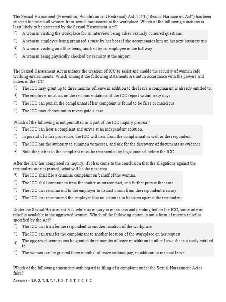 Sexual Harassment Quiz Master With Answers | PDF | Sexual Harassment ...