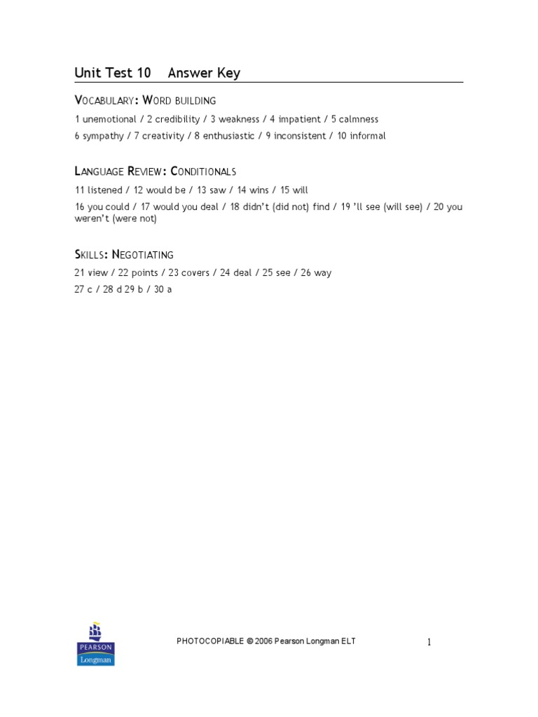 Unit Test 10 Answer Key: PHOTOCOPIABLE © 2006 Pearson Longman ELT | PDF