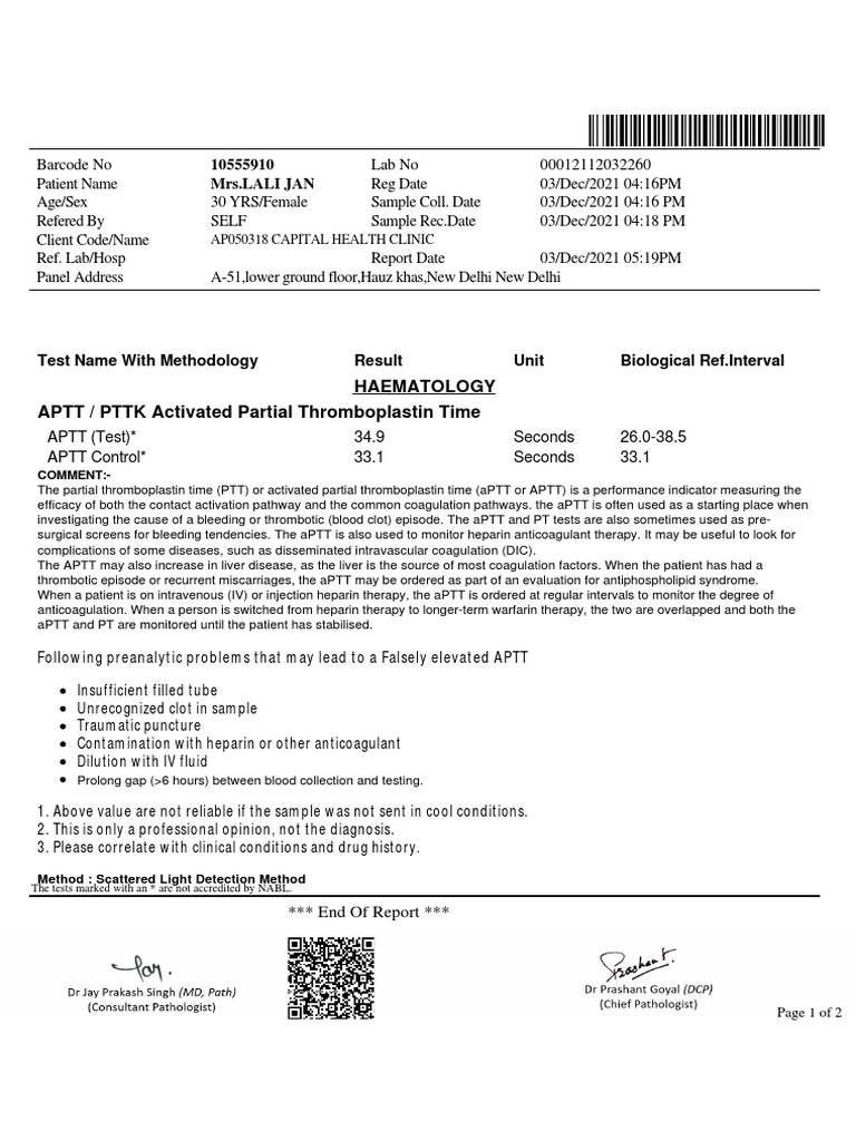 Haematology APTT / PTTK Activated Partial Thromboplastin Time | PDF ...