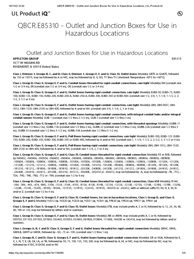QBCR.E85310 - Outlet and Junction Boxes For Use in Hazardous Locations - UL Product Iq | PDF ...