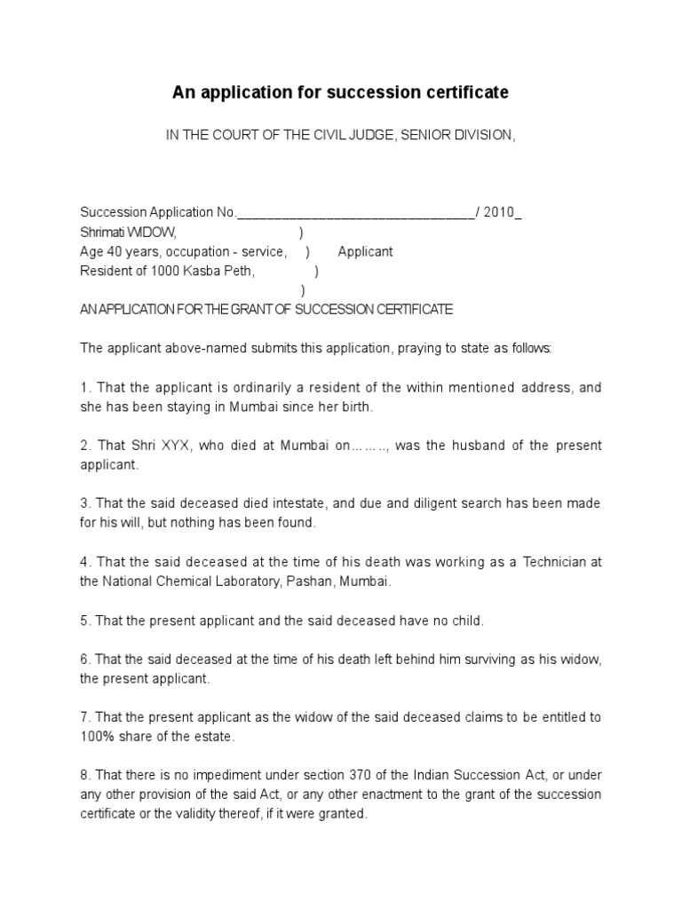 Succession Certificate Application Format | PDF | Probate | Government