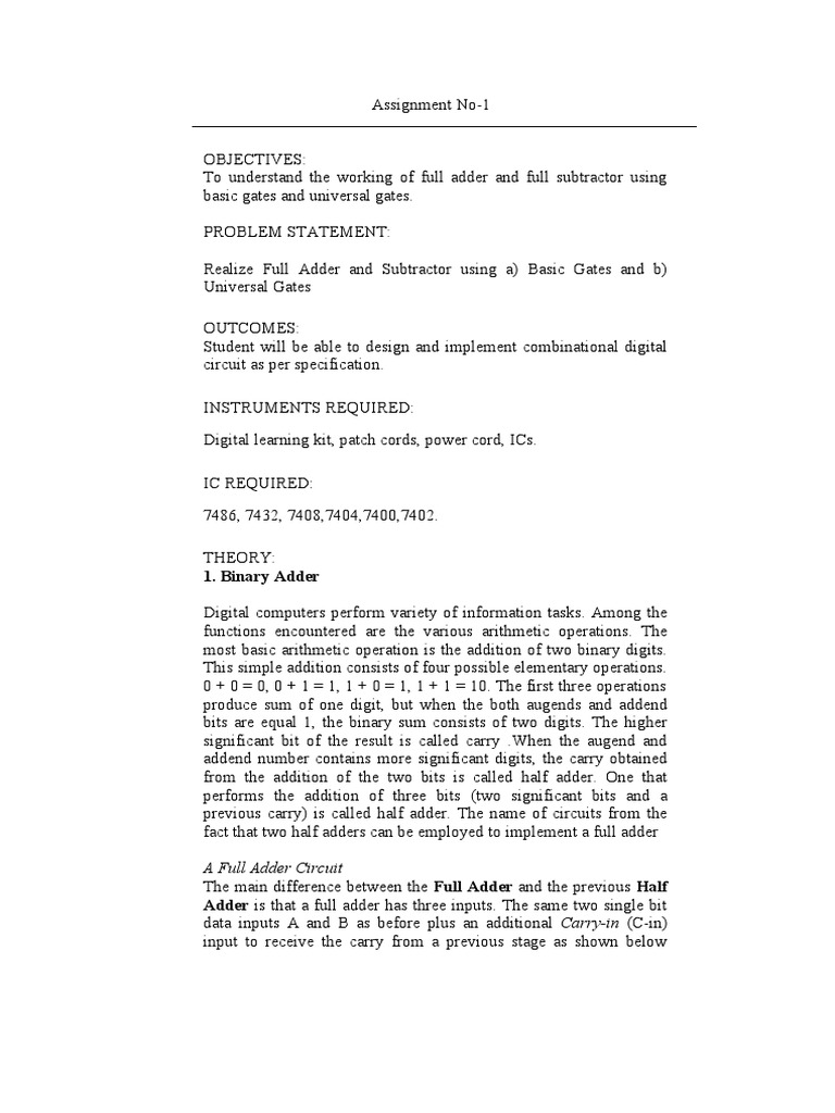 Binary Adder: A Full Adder Circuit | PDF | Subtraction | Mathematics