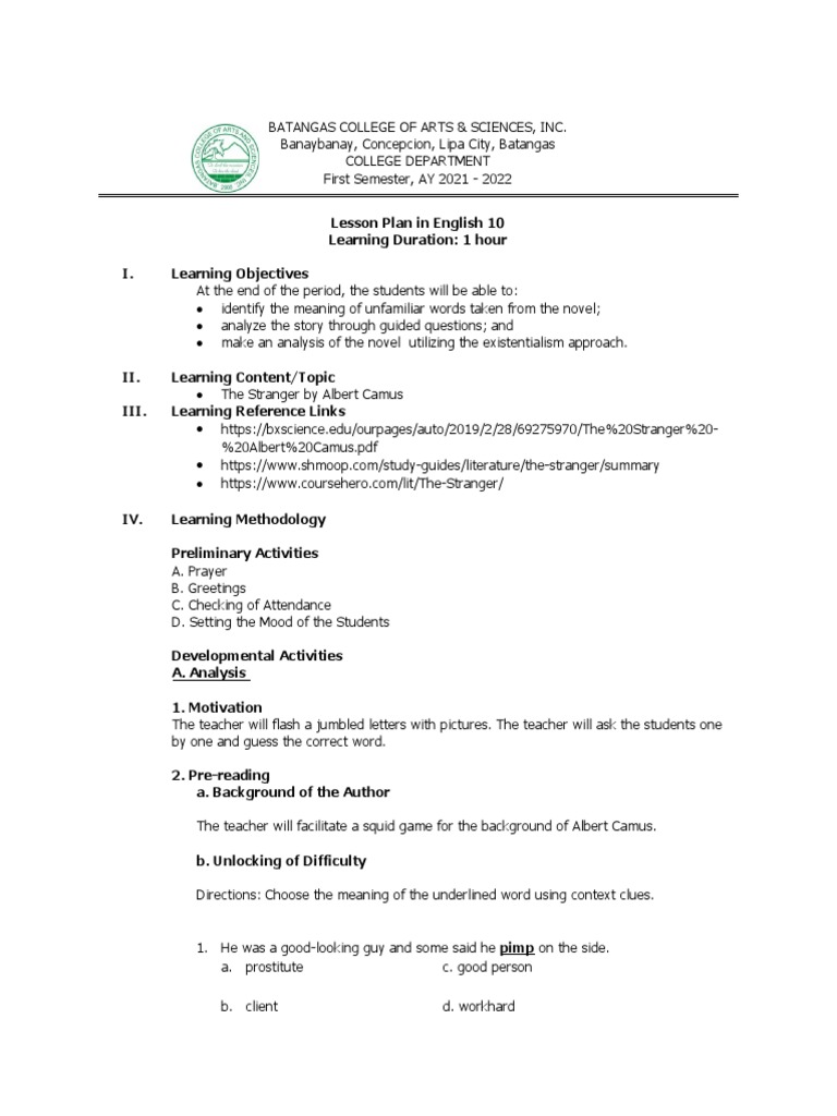 Project - Lesson Plan (The Stanger) | PDF | Cognition
