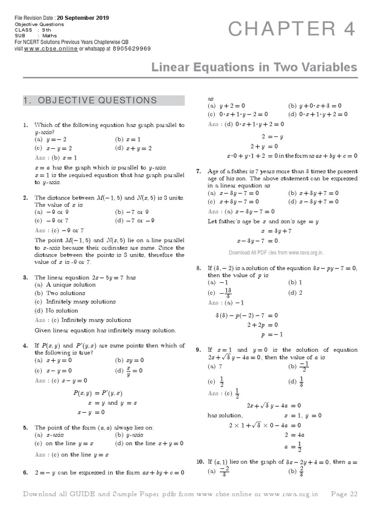 Linear Equations in Two Variables Guide | PDF | Equations | Elementary ...