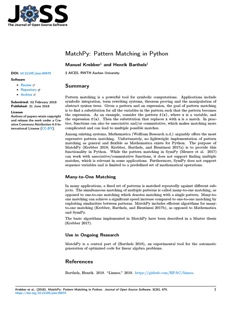 Matchpy: Pattern Matching in Python: Manuel Krebber and Henrik Barthels ...