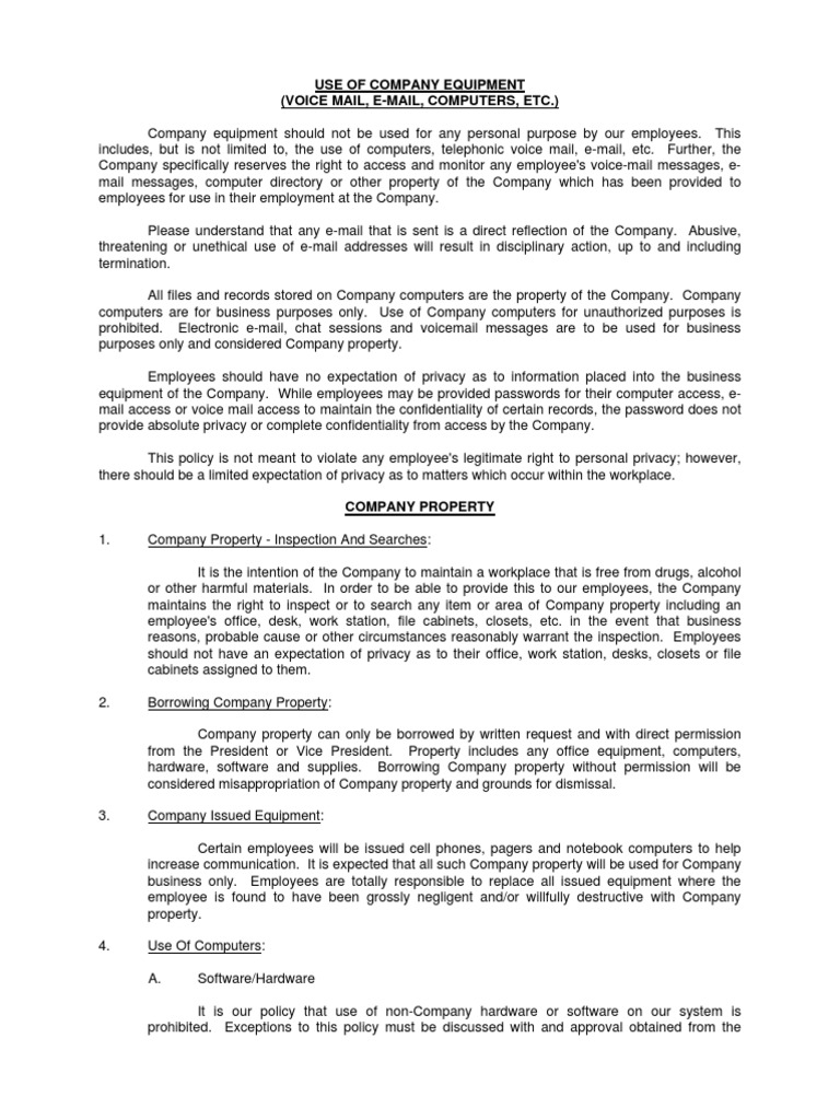 Usage of Company Equipment Policy | PDF | Internet | Voicemail