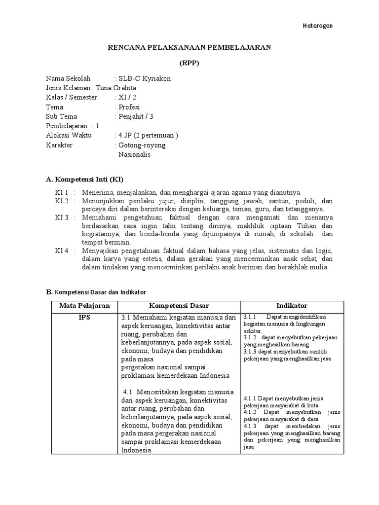 RPP Smalb Tunagrahita Ringan Kelas Xi | PDF