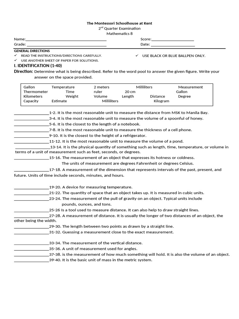 I. Identification (1-40) Direction: Determine What Is Being Described ...