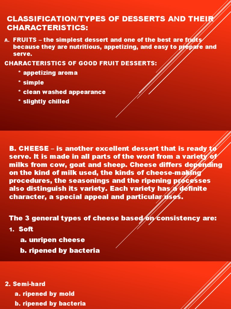 Cookery-Classification of Dessert | PDF | Desserts | Pudding