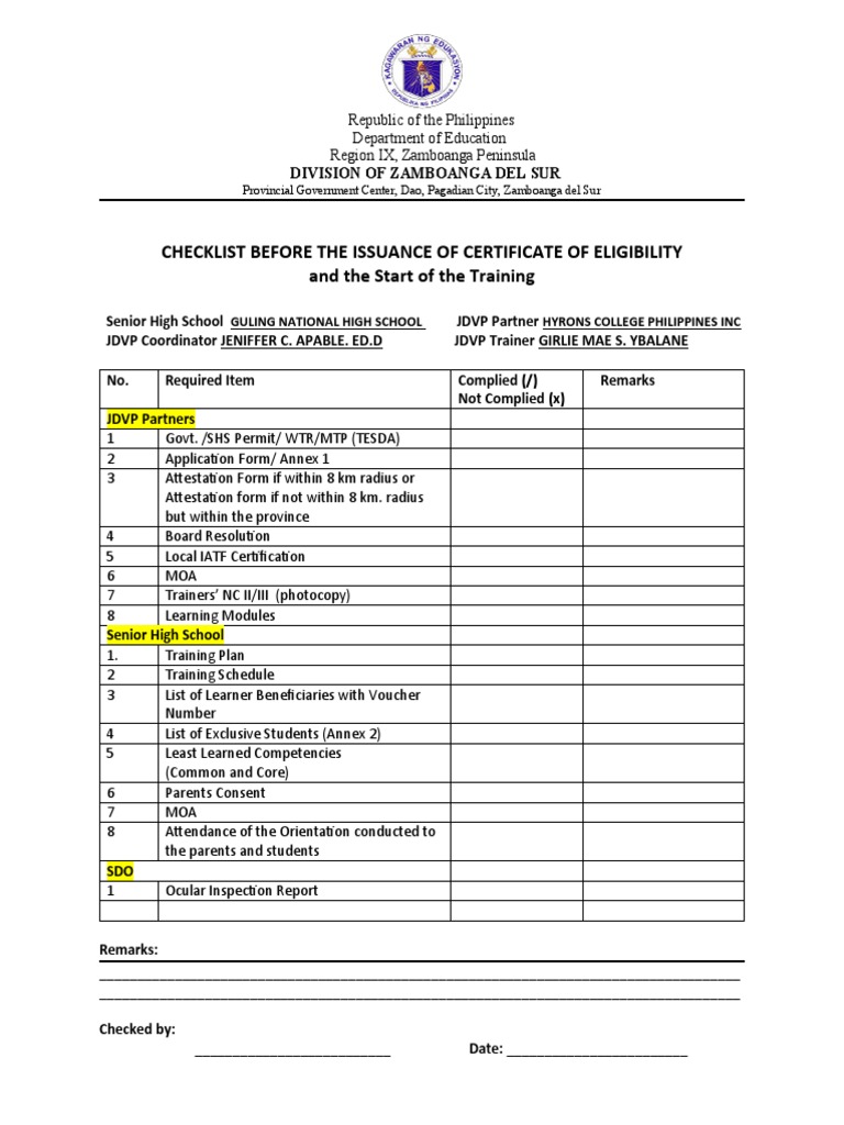 Checklist Before The Issuance of Certificate of Eligibility and The ...