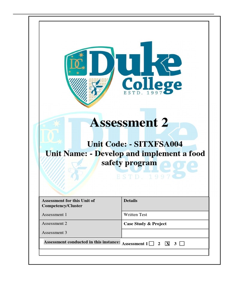SITXFSA004-Develop and Implement A Food Safety Program - Assessment V2 ...