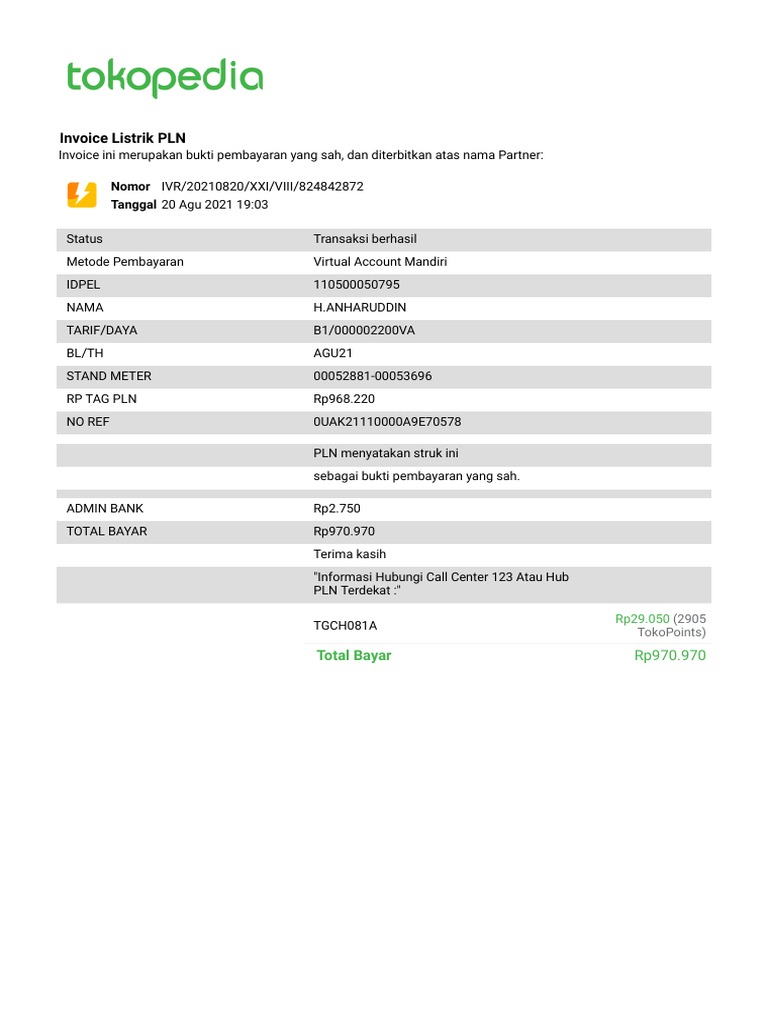 Bukti Pembayaran Invoice Listrik PLN | PDF