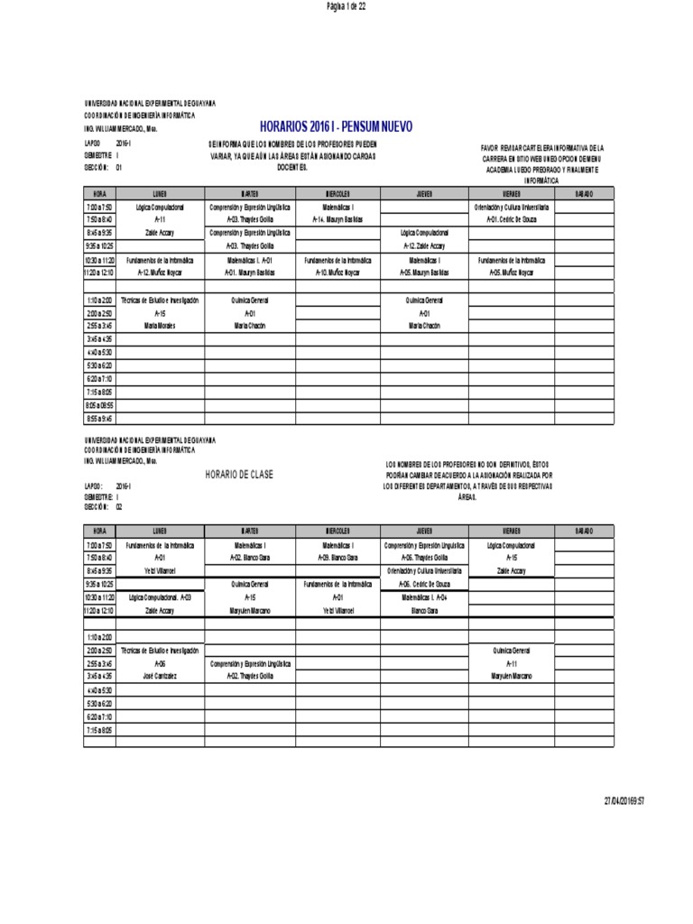 Horarios Ingeniería Informática UNEG 2016-I | PDF | Ciencia y Tecnología | Academia