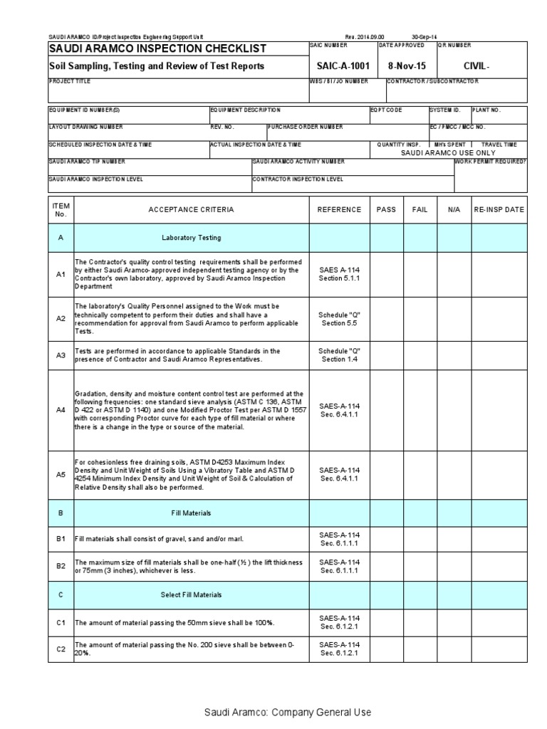 Saudi Aramco Inspection Checklist: Soil Sampling, Testing and Review of ...