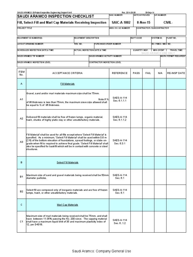 Fill, Select-Fill and Marl Cap Materials Receiving Inspection Checklist ...