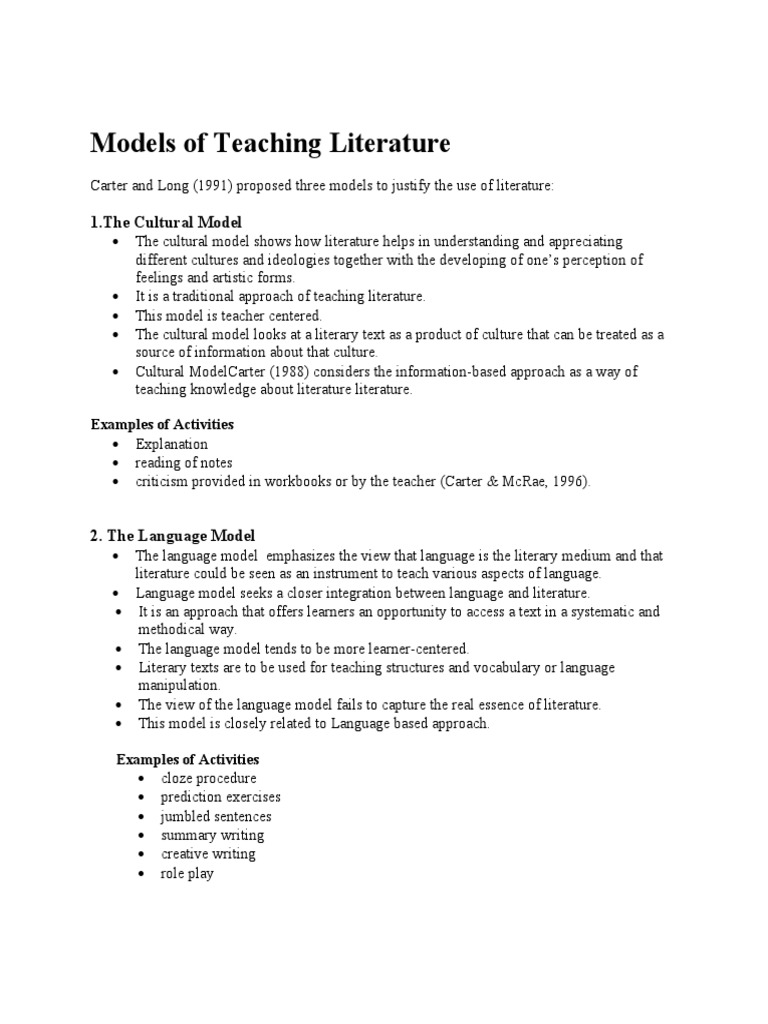 Models of Teaching Literature: 1.the Cultural Model | PDF | Education ...