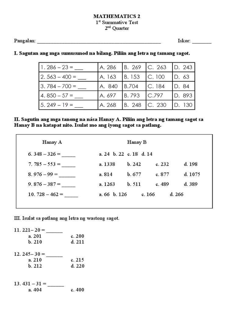 Math2 ST1 Q2 | PDF