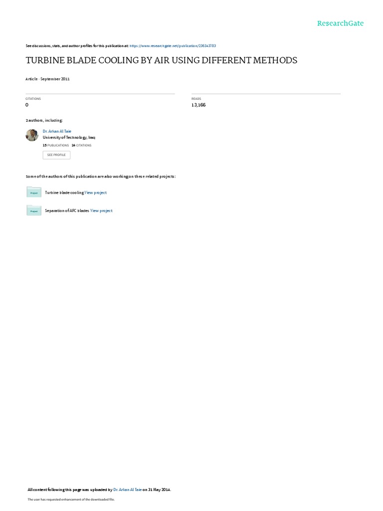 Turbine Blade Cooling by Air Using Different Methods: September 2011 ...