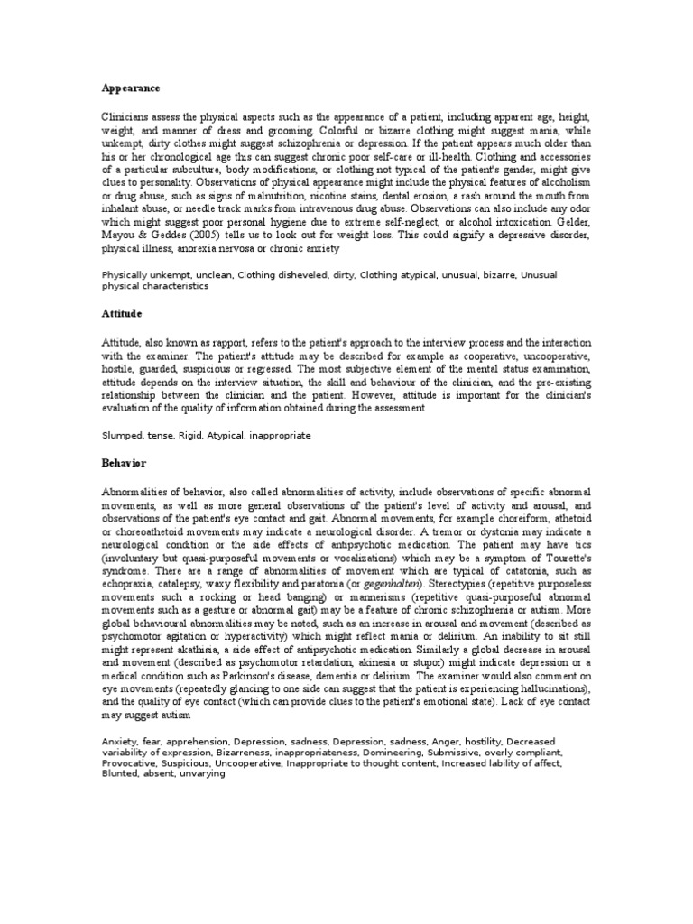 Assessing Physical Appearance, Attitude, Behavior, Mood, Affect, Speech ...