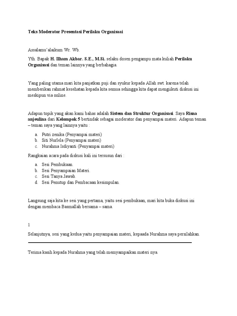 Teks Moderator Presentasi Perilaku Organisasi | PDF