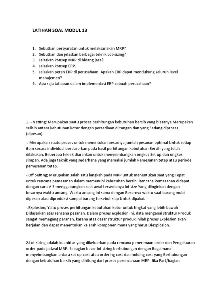 MODUL 13: MRP, LOT-SIZING, ERP, DAN IMPLEMENTASI ERP | PDF