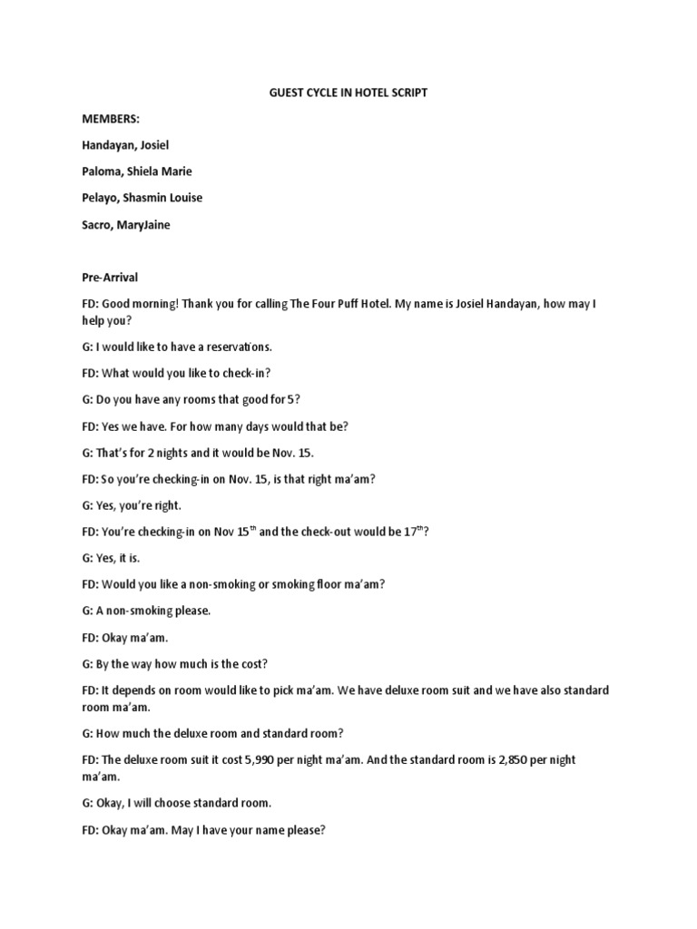 Guest Cycle in Hotel Script Members: Handayan, Josiel Paloma, Shiela Marie Pelayo, Shasmin ...