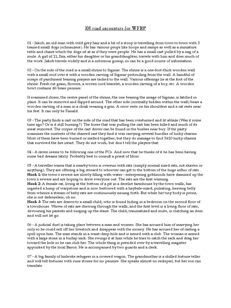 100 Road Encounters For WFRP | PDF