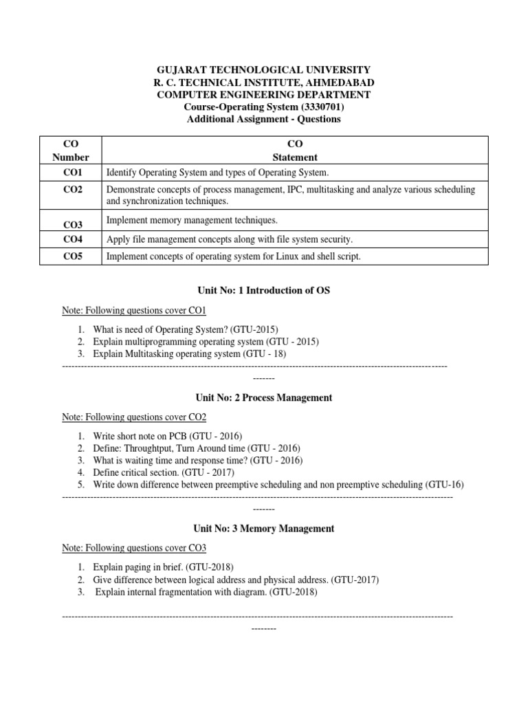 Additional Questions From GTU - OS | PDF | Operating System | Process (Computing)