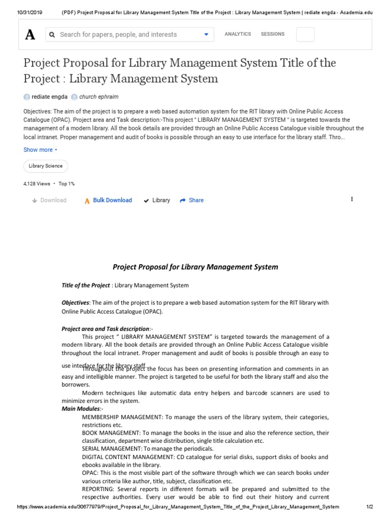 PDF Project Proposal For Library Management System Title of The Project ...