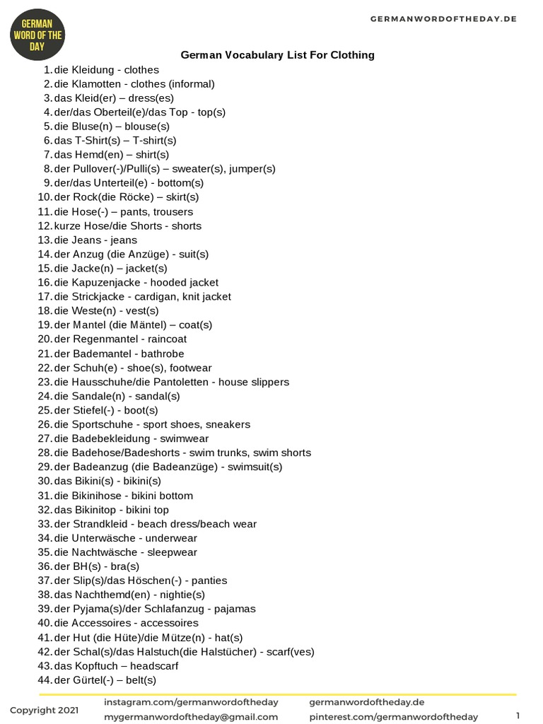 German Vocabulary List For Clothing | PDF