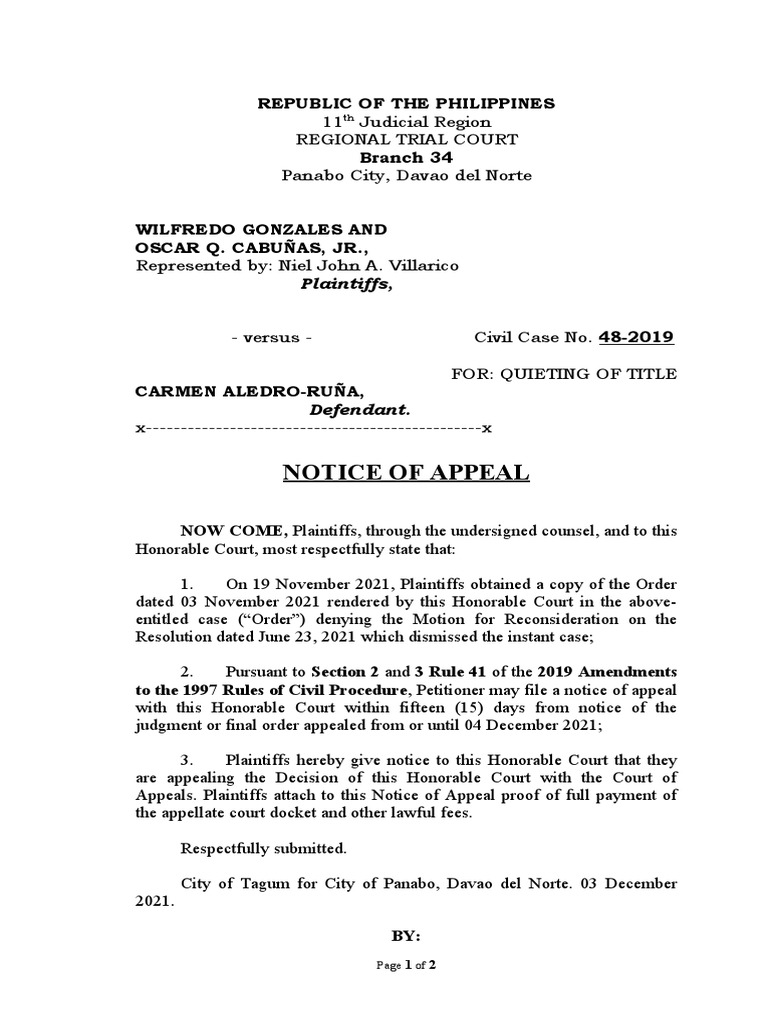 Notice of Appeal GONZALES | PDF | Lawsuit | Courts