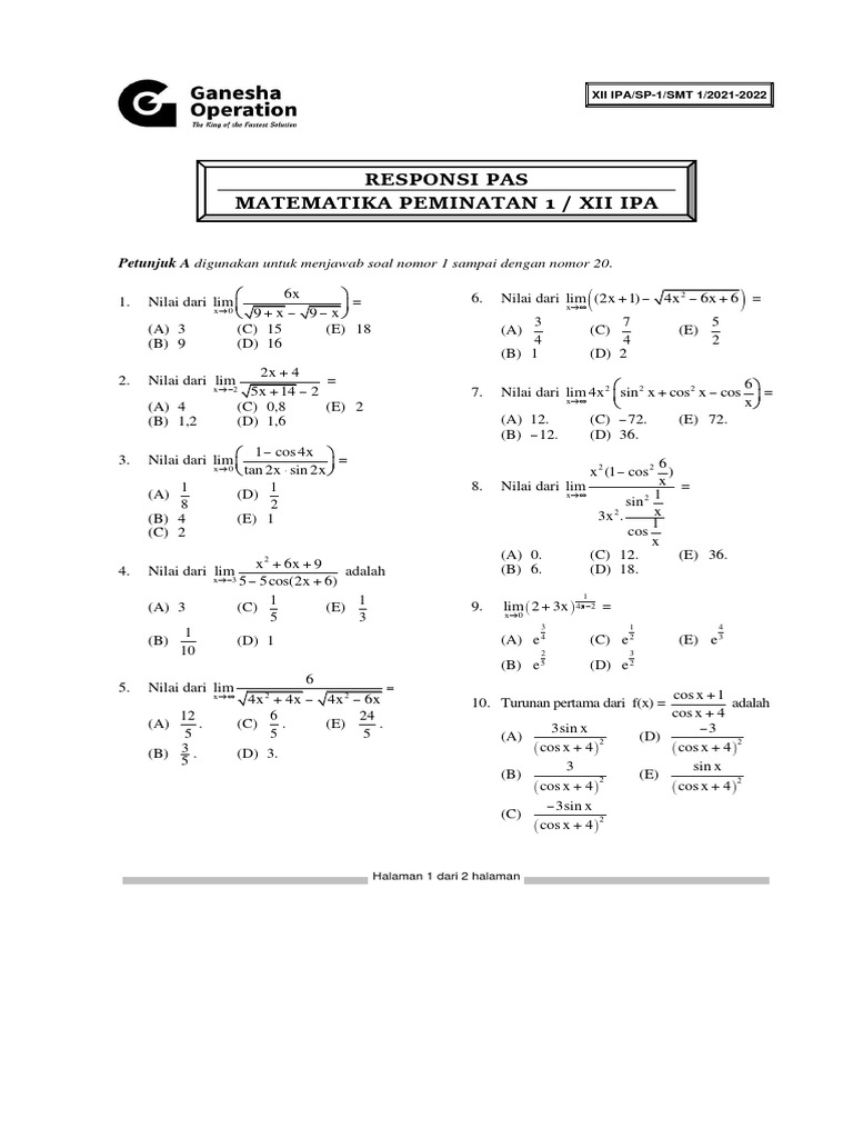 Matematika Minat 1 - Soal Responsi Pas Xii Ipa | PDF