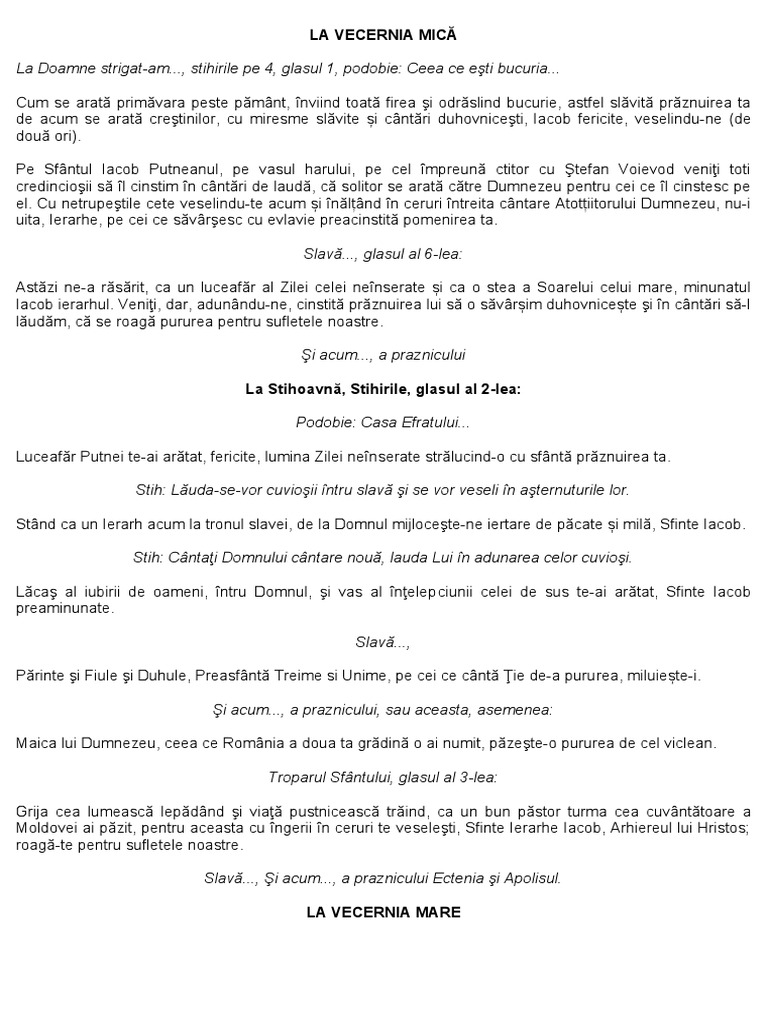 Slujba Sfântului Ierarh Iacob Putneanul, Mitropolitul Moldovei | PDF