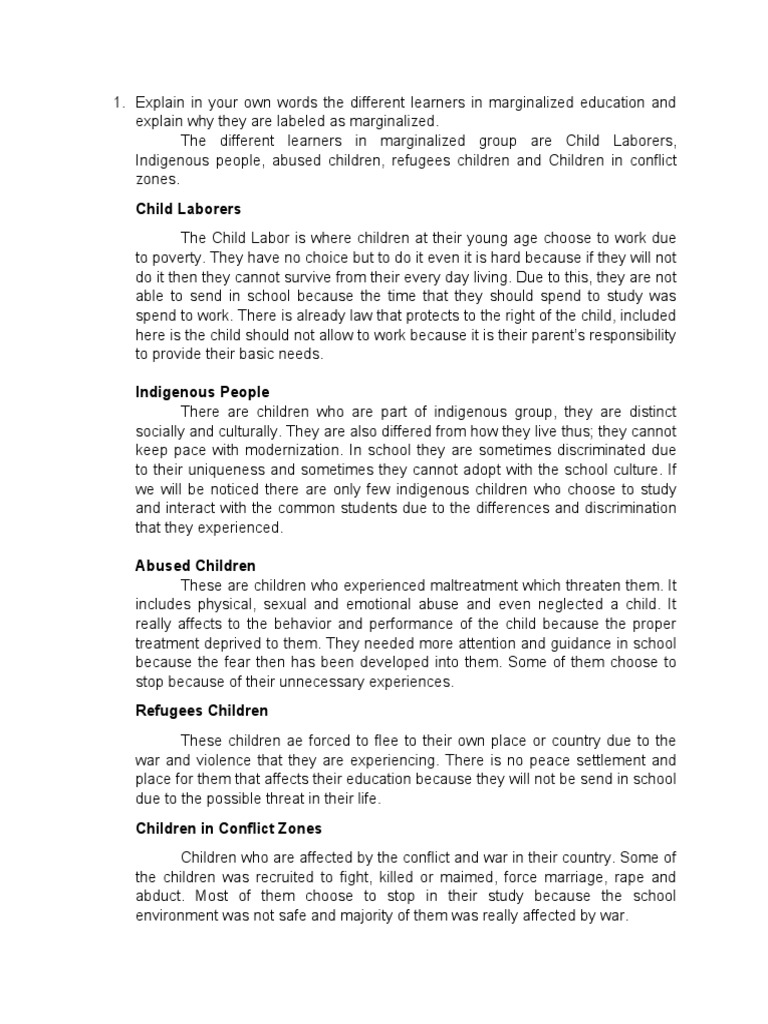 Lesson 7 Activity Learners in Other Marginalized Groups | PDF | Child ...