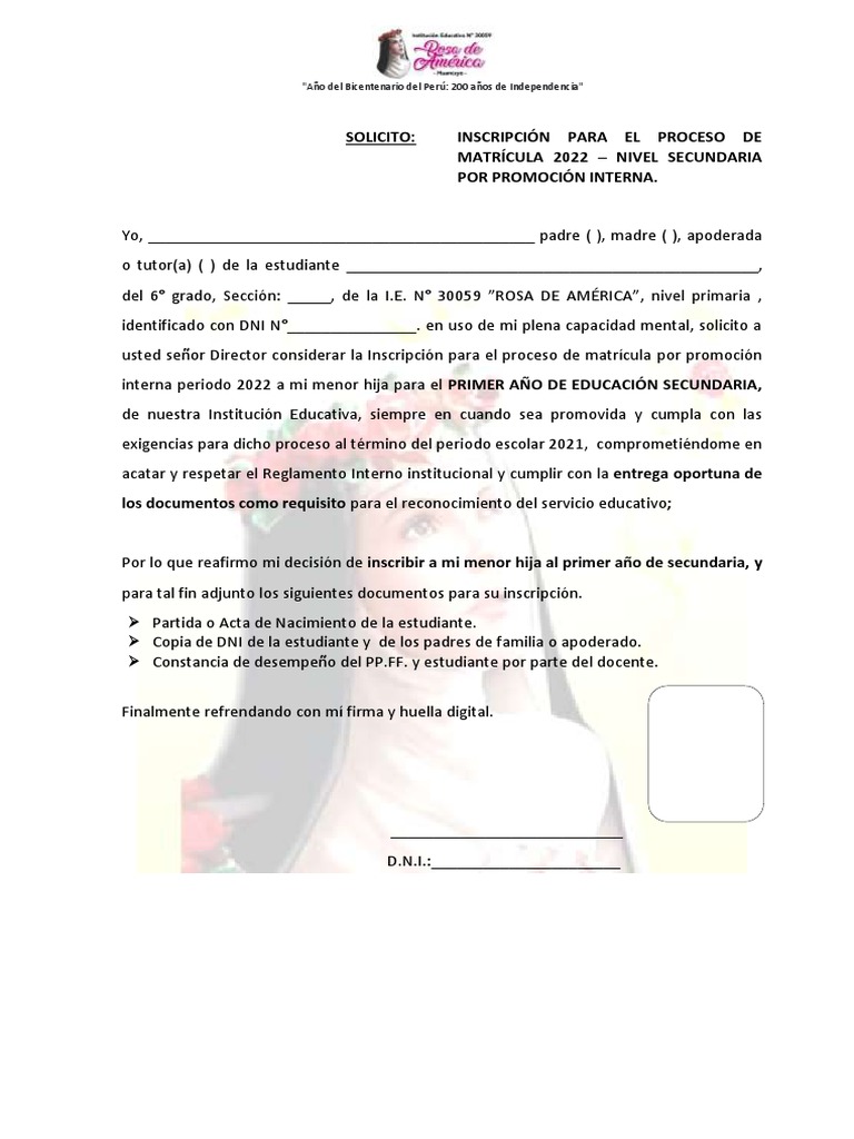 Solicitud de Promoción Interna A Secundaria 2022 | PDF