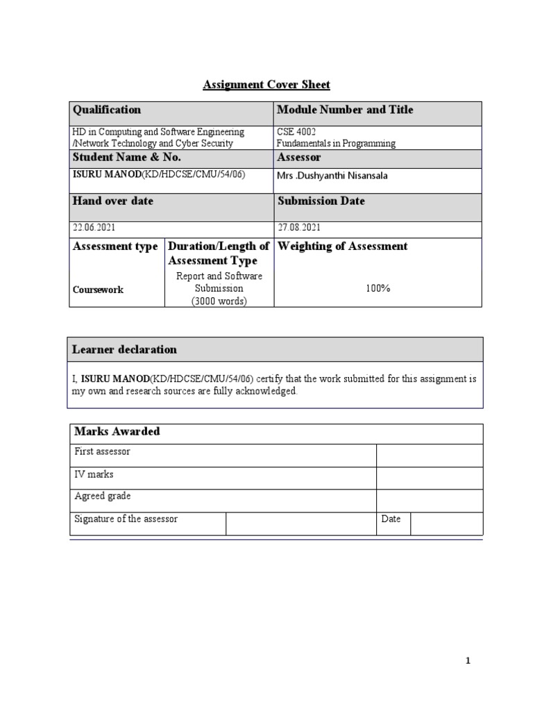 Assignment Cover Sheet Qualification Module Number and Title | PDF | Control Flow | Subroutine