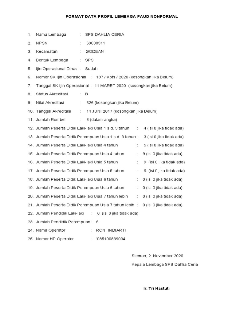 Format Data Profil Pendidikan Nonformal | PDF