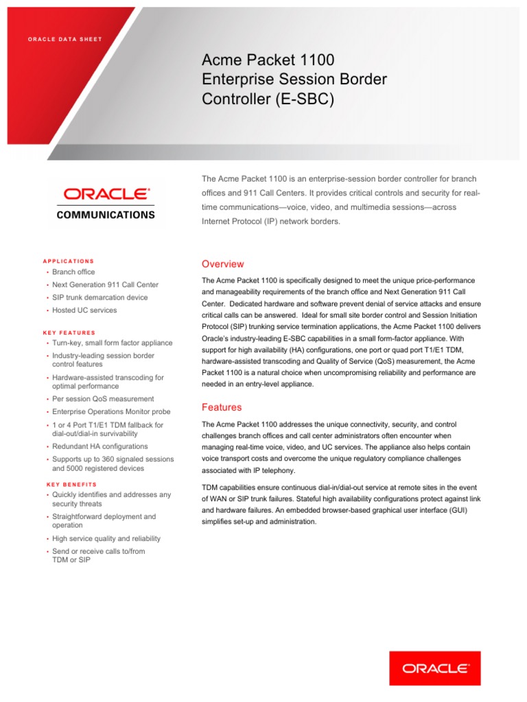 Datasheet 1100 Acme Packet Oracle SBC | PDF | Session Initiation Protocol | Quality Of Service