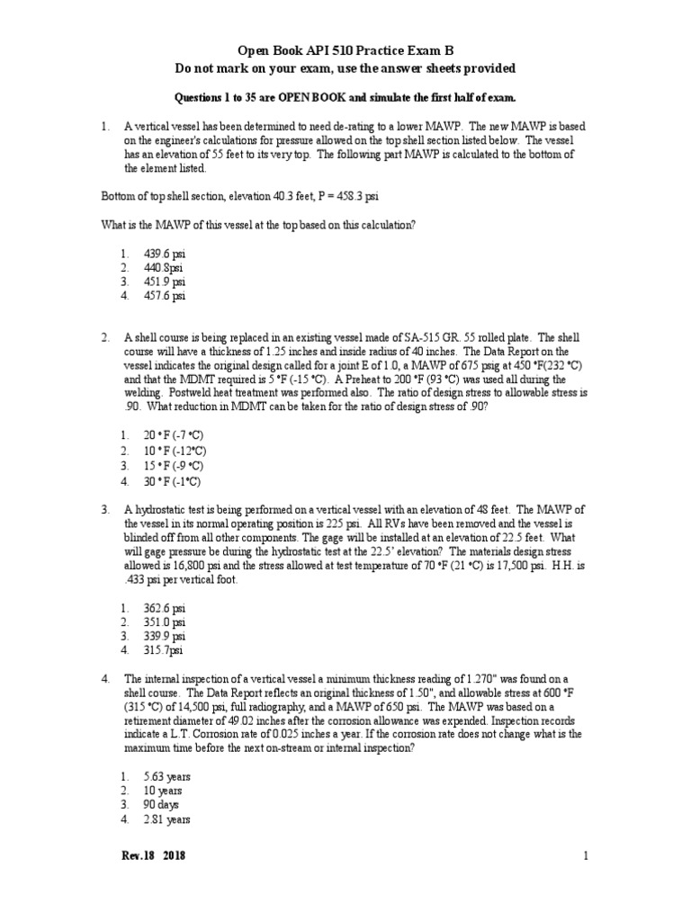 Open Book API 510 Practice Exam B Do Not Mark On Your Exam, Use The ...