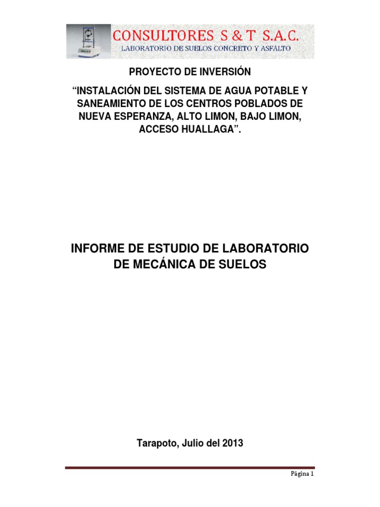 Informe de estudio de mecánica de suelos para proyecto de agua y saneamiento en Tarapoto | PDF ...