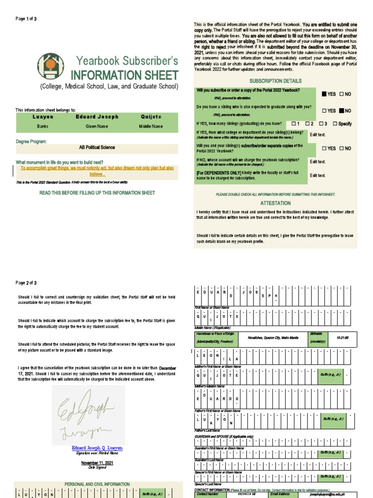 Yearbook Subscriber's Information Sheet: (College, Medical School, Law ...