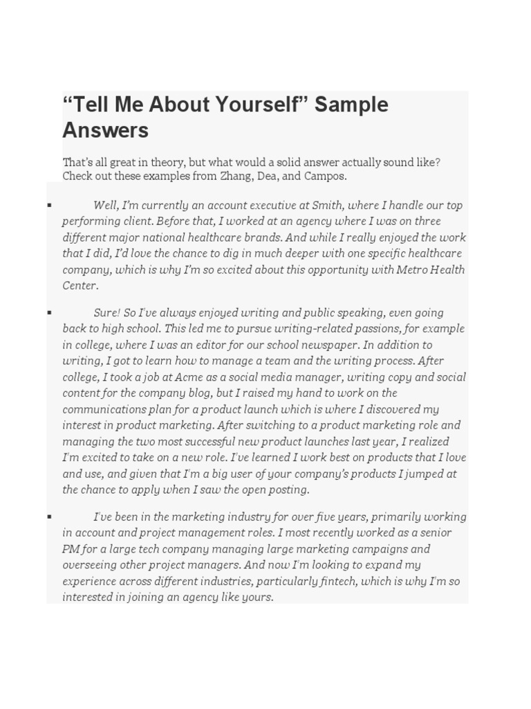"Tell Me About Yourself" Sample Answers | PDF | Leadership | Human Nature