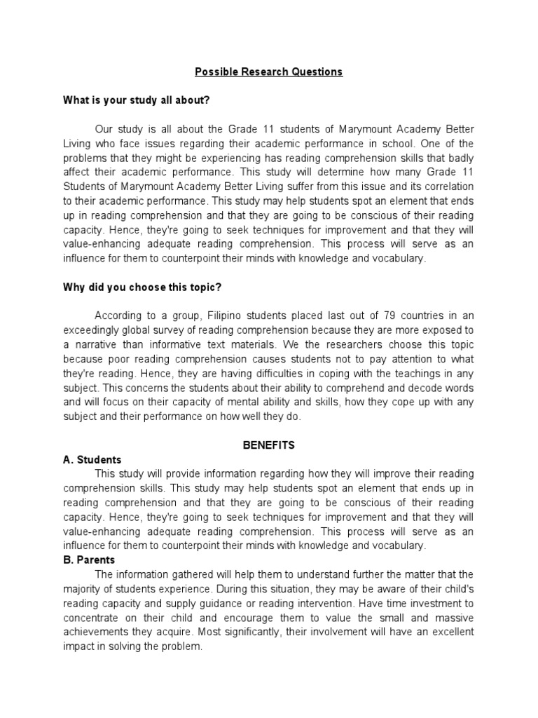 Possible Research Questions | PDF | Reading Comprehension | Communication