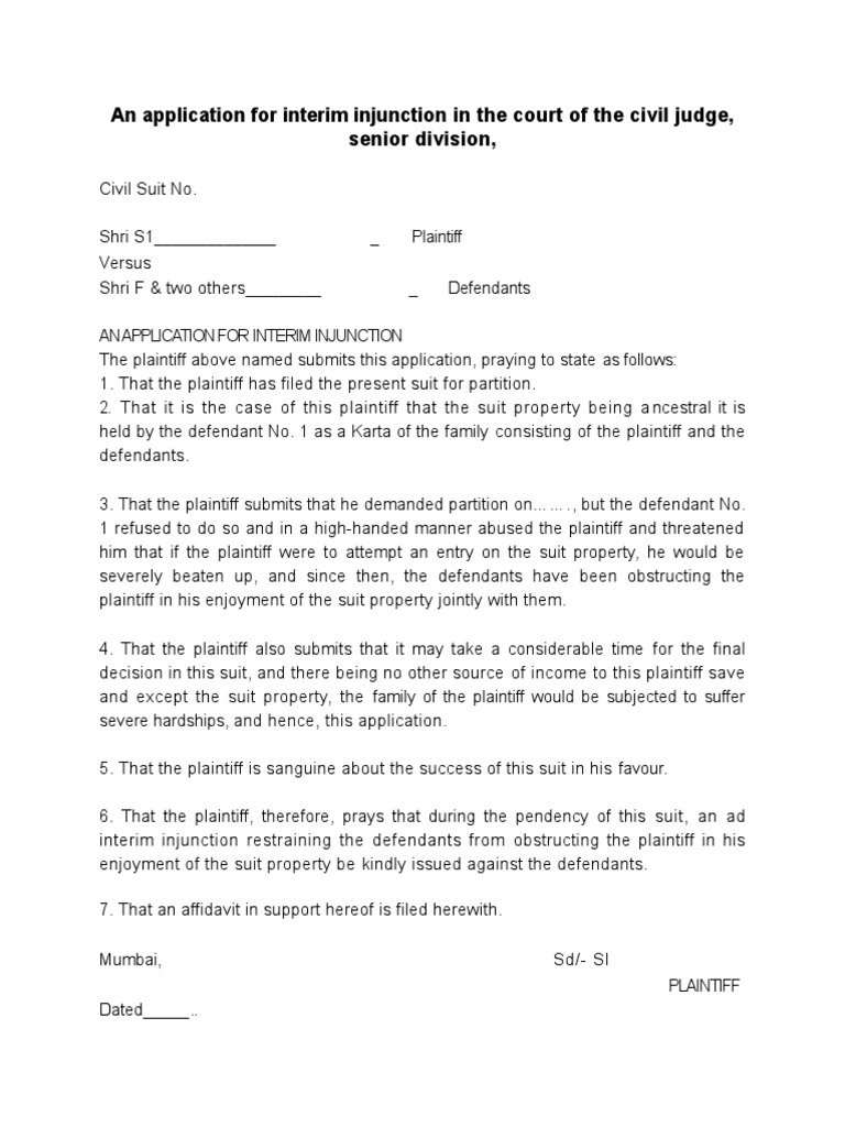 An Application For Interim Injunction in The Court of The Civil Judge, Senior Division | PDF ...