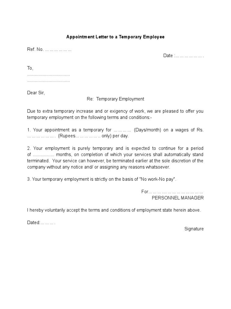 Appointment Letter To A Temporary Employee | PDF