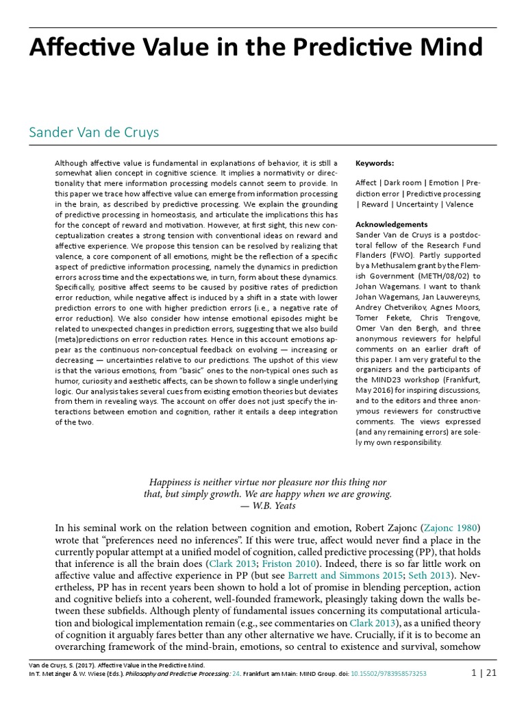 Affective Value in The Predictive Mind: Sander Van de Cruys | PDF | Affect (Psychology) | Emotions